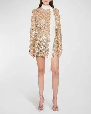 Valentino Garavani Chevron Beaded Scarf-Neck Tulle Mini Dress - Ivorygold |  Editorialist