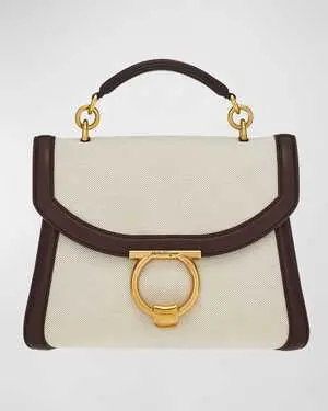 FERRAGAMO Margot Gancini Leather & Canvas Top-handle Bag - Naturale
