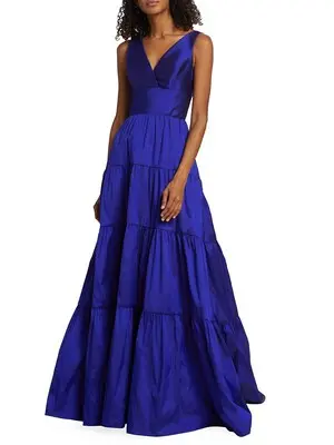 Amsale Taffeta V-neck Tiered Gown