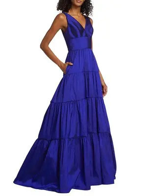 Amsale Taffeta V-neck Tiered Gown