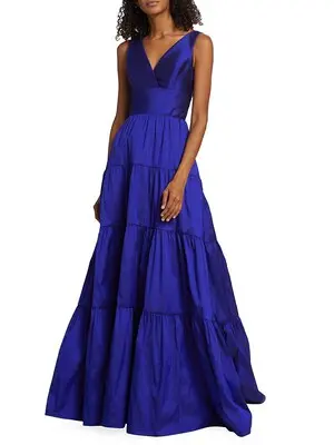 Amsale Taffeta V-neck Tiered Gown