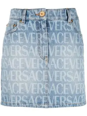 Versace Allover Logo Denim Miniskirt - Blue