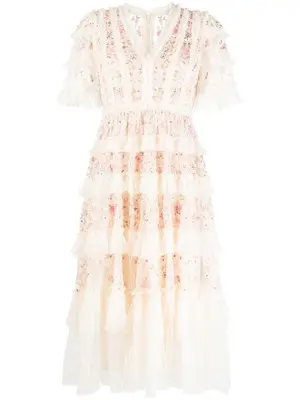 NEEDLE & THREAD Floral-embroidery Tiered Midi Dress