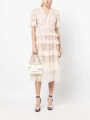 NEEDLE & THREAD Floral-embroidery Tiered Midi Dress