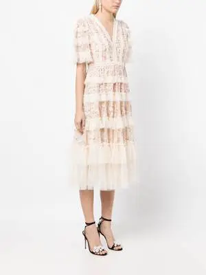 NEEDLE & THREAD Floral-embroidery Tiered Midi Dress