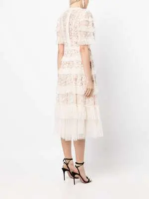 NEEDLE & THREAD Floral-embroidery Tiered Midi Dress