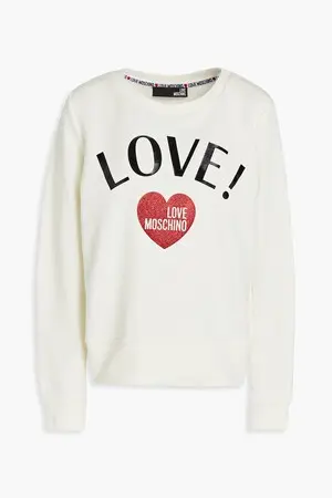 Moschino Love Moschino Glittered Heart Printed Cotton Terry Sweatshirt - Ivory