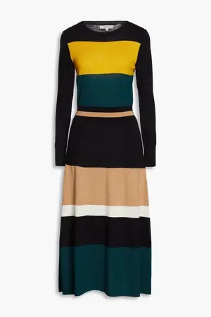 Chinti & Parker Embroidered Striped Merino Wool Midi Dress - Midnight Blue