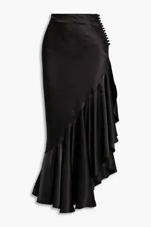 THE LINE BY K Asymmetric Ruffled Satin Midi Skirt Black