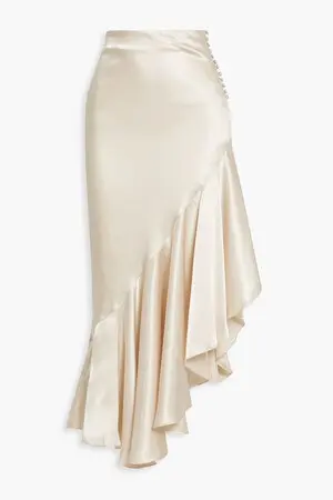 THE LINE BY K Asymmetric Ruffled Satin Midi Skirt - Cream