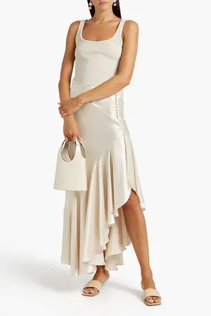 THE LINE BY K Asymmetric Ruffled Satin Midi Skirt - Cream