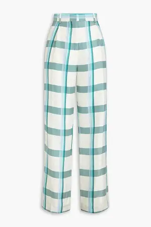 Victoria Beckham Pleated Checked Silk-twill Straight-leg Pants - Ecru