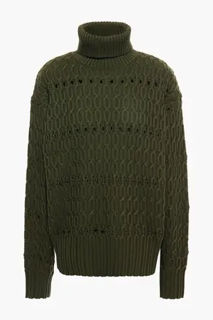 Victoria Beckham Cableknit Merino Wool Turtleneck Sweater - Army Green