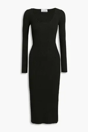 GANNI Mélange Ribbedjersey Midi Dress - Dark Green