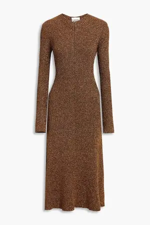 GANNI Metallic Ribbedknit Midi Dress - Copper