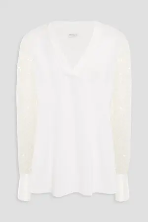 Brunello Cucinelli Embellished Chiffon And Silkblend Crepe De Chine Blouse - White
