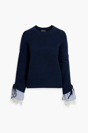 Cinq À Sept Poplintrimmed Woolblend Sweater - Navy