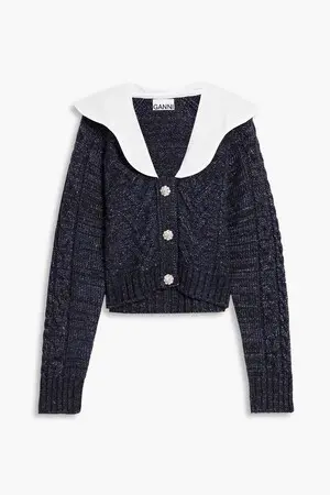 GANNI Poplintrimmed Donegal Cableknit Cardigan - Storm Blue