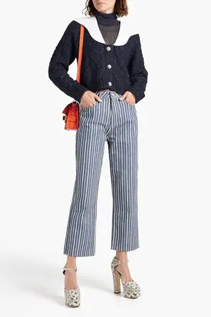 GANNI Donegal Cable-knit Cardigan With Crystal Buttons And Poplin Trim