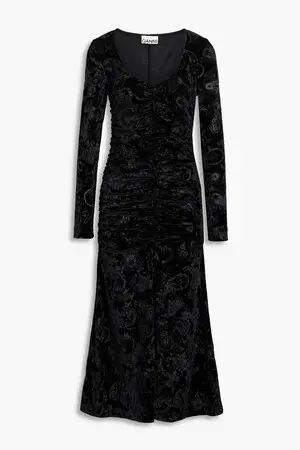 GANNI GANNI Ruched Velvet Jacquard Midi Dress - Black