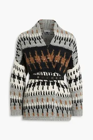 Brunello Cucinelli Embellished Cashmereblend Jacquard Cardigan - Gray