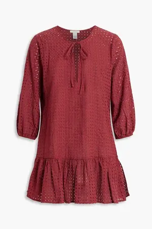 Eberjey Tessa Gathered Broderie Anglaise Cotton Mini Dress - Brick