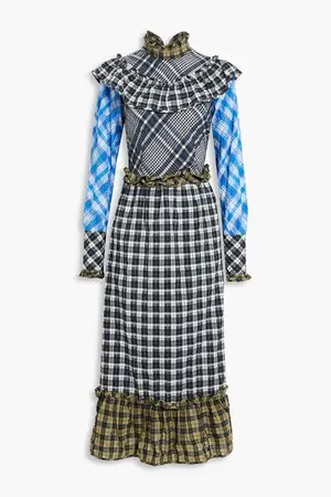 GANNI Ruffled Checked Cottonblend Seersucker Midi Dress