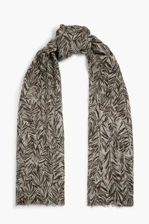 Brunello Cucinelli Printed Linengauze Scarf Grey Green