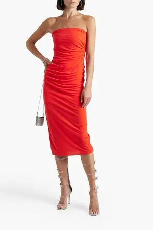 Helmut Lang Ruched Stretch-crepe Midi Dress - Papaya