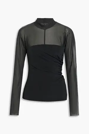 Helmut Lang Ruched Mesh-paneled Stretch-jersey Top
