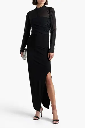 Helmut Lang Ruched Mesh-paneled Stretch-jersey Top