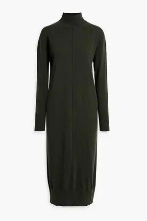 Iris & Ink Scarlett Wool Turtleneck Midi Dress Forest Green