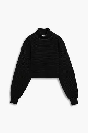 Good American Cropped Striped Cotton Turtleneck Top - Black
