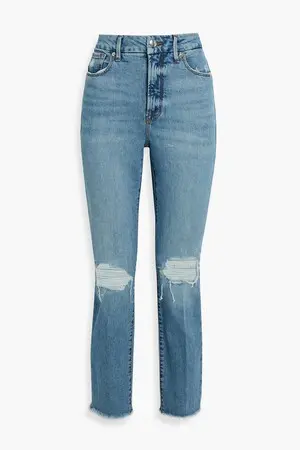 Good American Good Classic Distressed Highrise Slimleg Jeans - Mid Denim