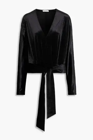 Good American Pleated Belted Stretchvelvet Top - Black