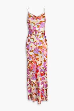 NICHOLAS Nicholas Belted Floral-print Silksatin Maxi Dress Lavender