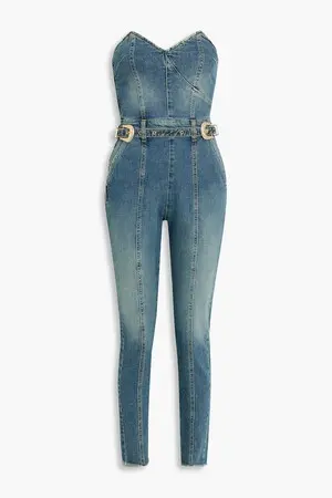 Retrofete Dree Strapless Belted Denim Jumpsuit