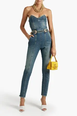 Retrofete Dree Strapless Belted Denim Jumpsuit