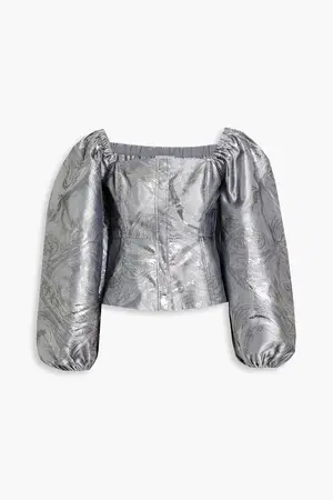 GANNI Gathered Metallic Brocade Peplum Top - Silver