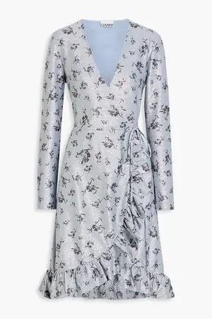 GANNI Printed Ruffled Tinsel Wrap Mini Dress - Silver