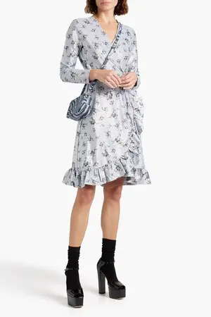 GANNI Printed Ruffled Tinsel Wrap Mini Dress