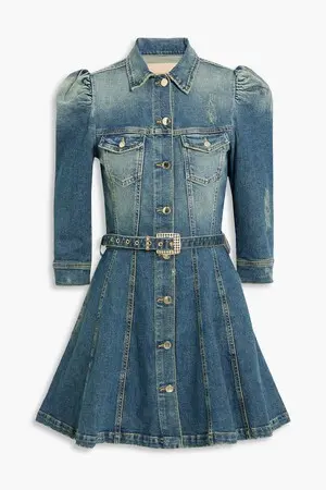 Retrofete Clara Belted Distressed Denim Mini Dress - Mid Denim