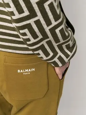 Balmain Flocked-logo Organic-cotton Track Trousers - Green