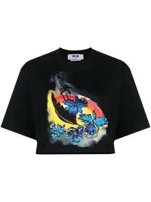 MSGM Graphic-print Cropped T-shirt - Black
