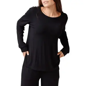 Cozy Earth Rib Long Sleeve Knit Pajama Top - Black