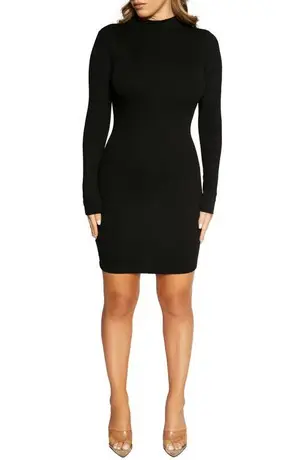 Naked Wardrobe Long Sleeve Mock Neck Ribbed Sweater Dress - Black