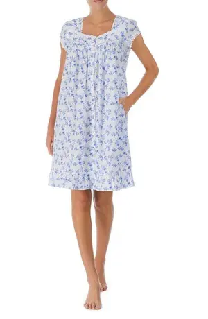 Eileen West Floral Print Cap Sleeve Button Front Short Robe - Blue Stp