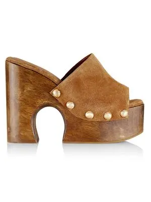 Cult Gaia Women's Joplin Suede & Wood Platform Mules - Camel  - Camel