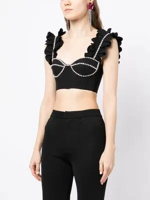 AREA Crystal-embellished Cropped Top - Black