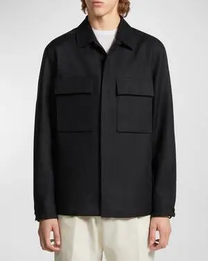 Zegna Men's Covered Placket Overshirt - Black Sld